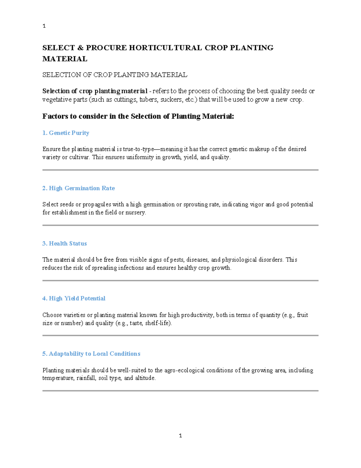 HORT L6 - Selecting and Procuring Quality Planting Materials - Studocu