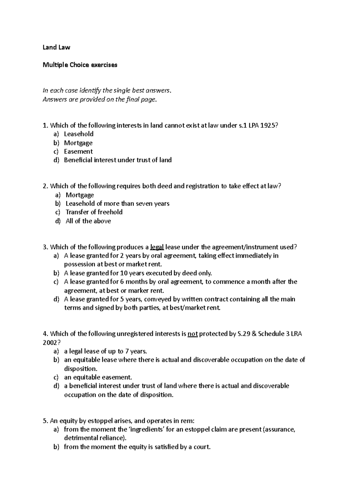 Land Law MCQs with Comprehensive Answers and Explanations - Studocu