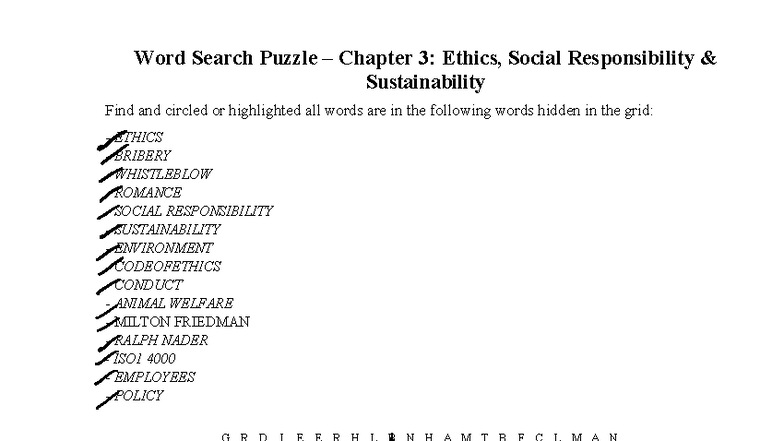 Word Search Puzzle: Chapter 3 - Ethics & Social Responsibility - Studocu