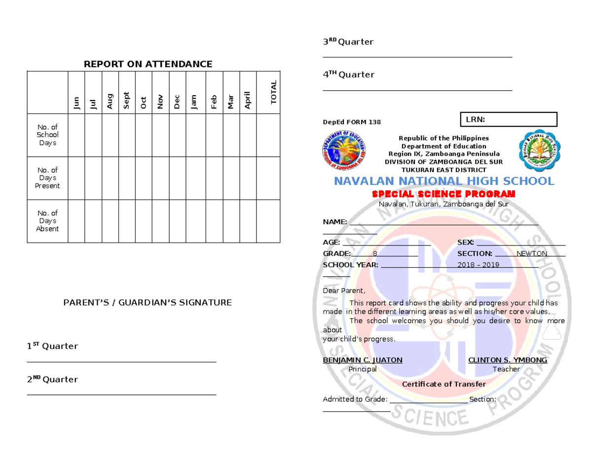Grade 8 SSP CARD - Attendance Report & Learning Progress 2018-2019 ...
