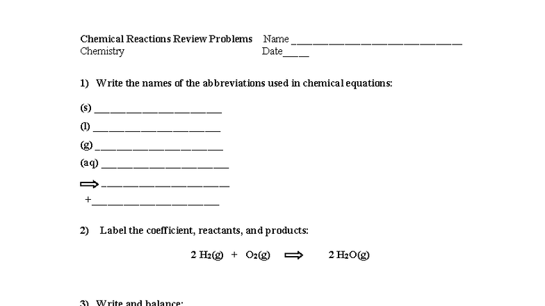 Chemistry 101: Review of Chemical Reactions HW - Studocu