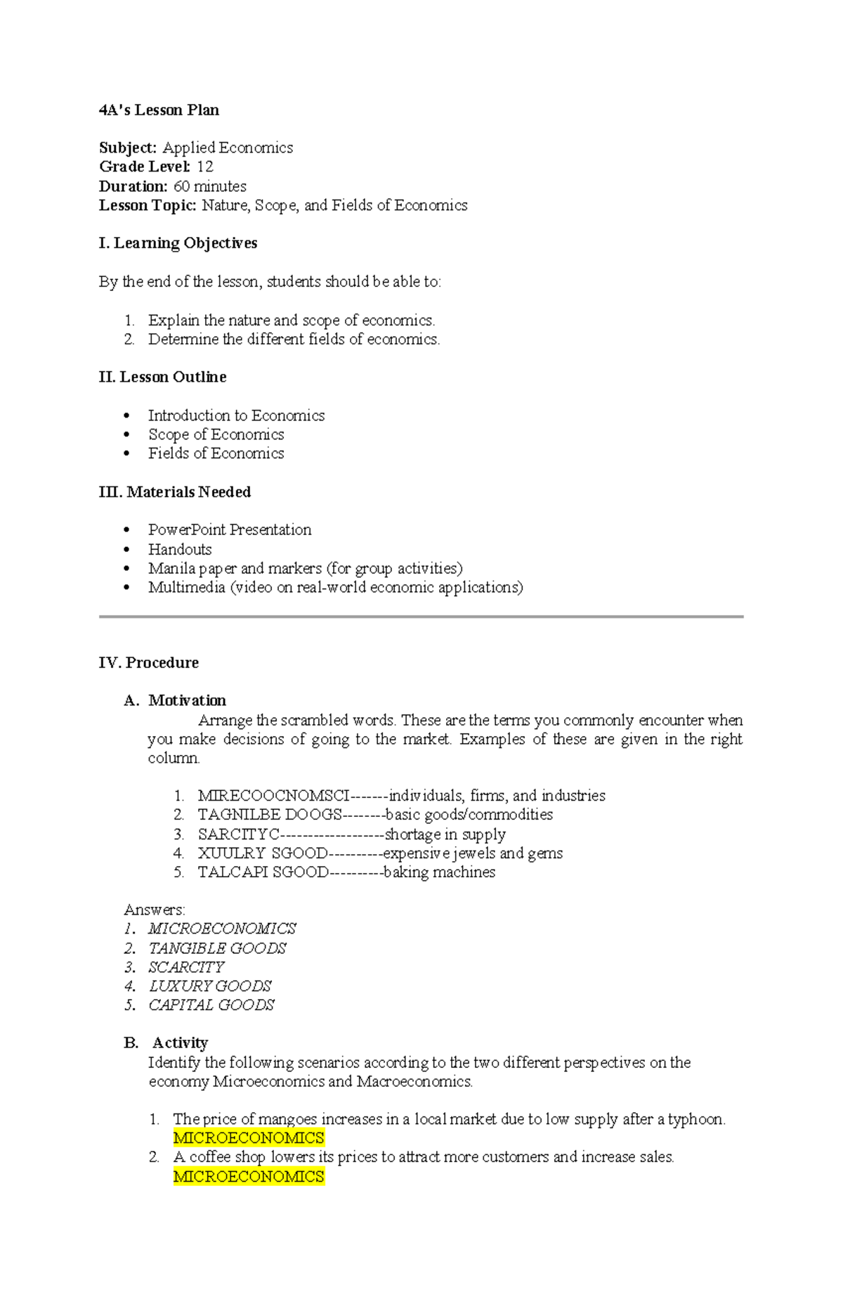 Jean LP - Applied Economics Lesson Plan on Market Structure - Studocu