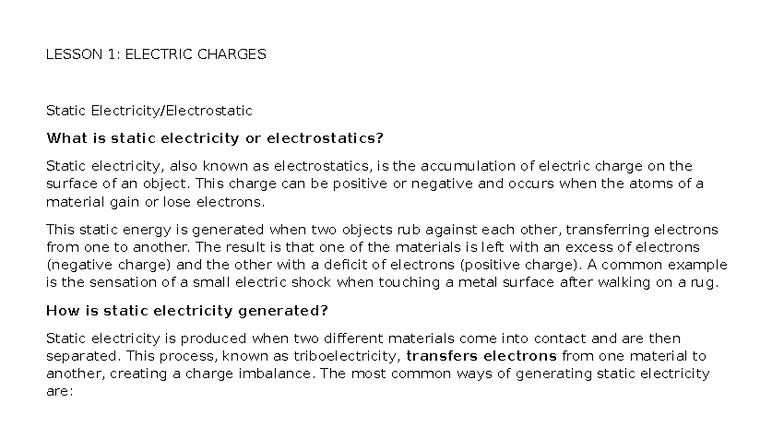 LESSON 1: ELECTRIC CHARGES & STATIC ELECTRICITY - Studocu