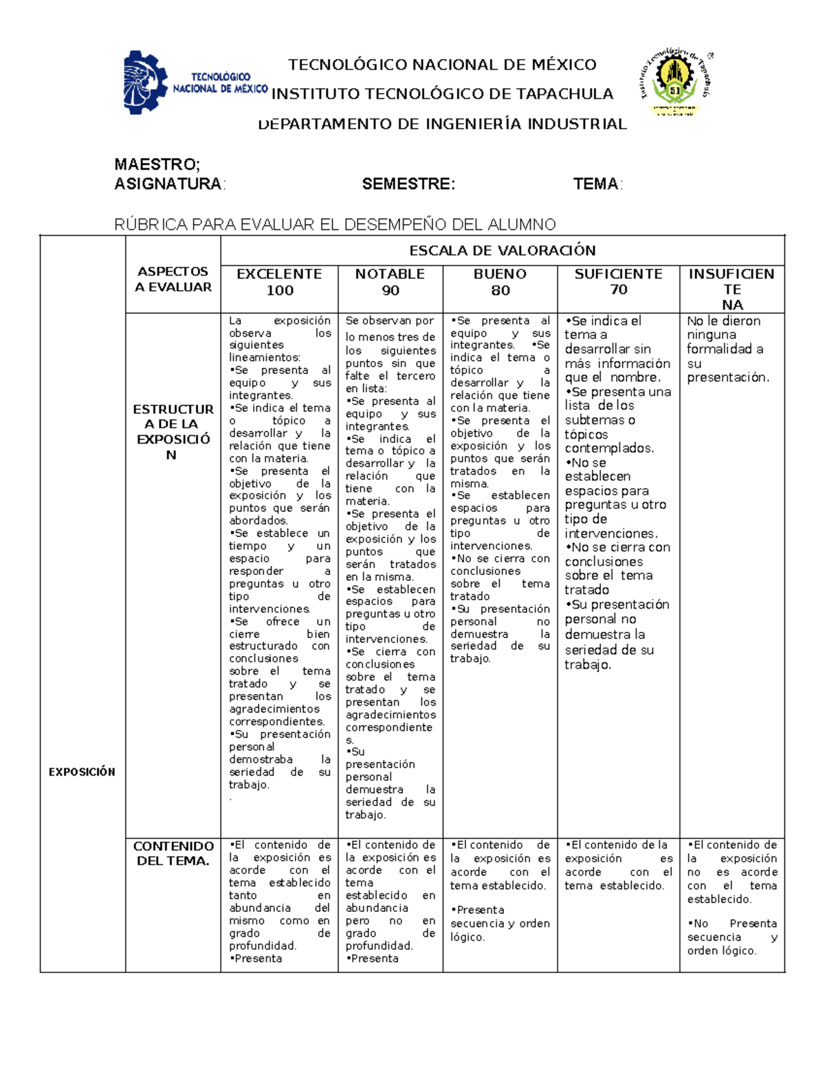 Rúbrica para Evaluar Exposición - TECNOLÓGICO NACIONAL DE MÉXICO - Studocu