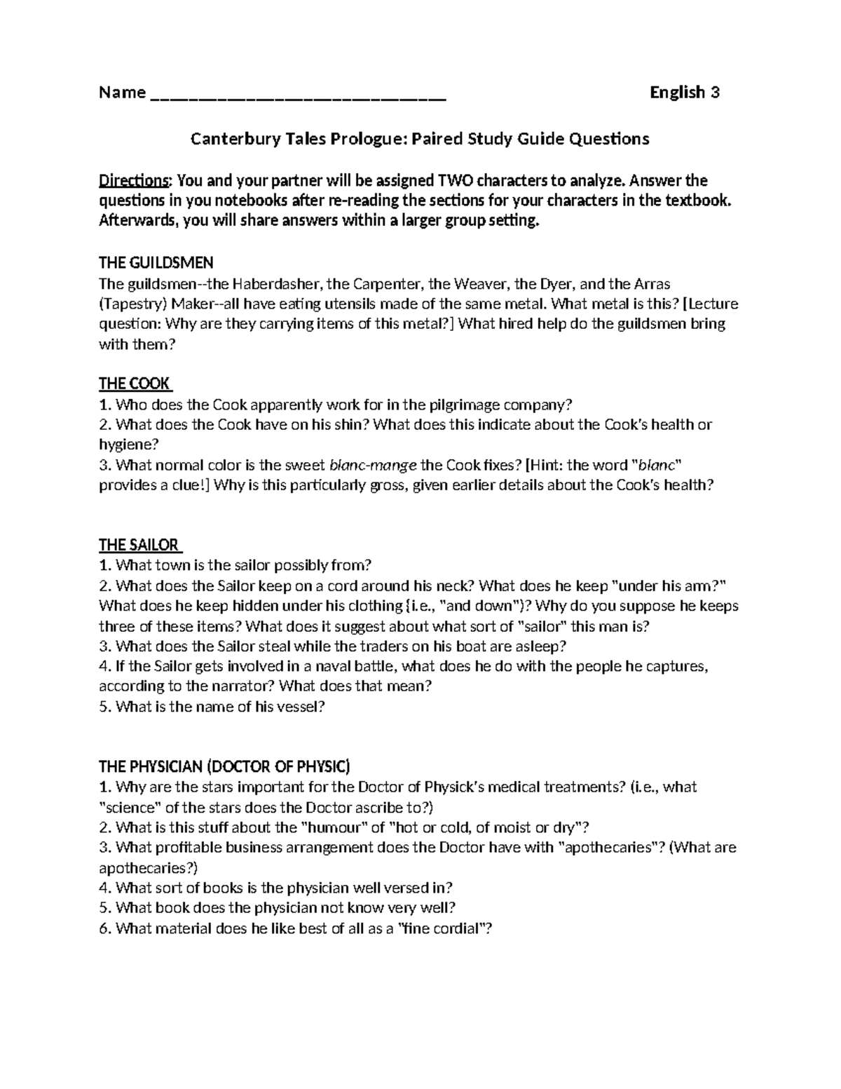 Canterbury Tales Prologue Study Guide - Name ...