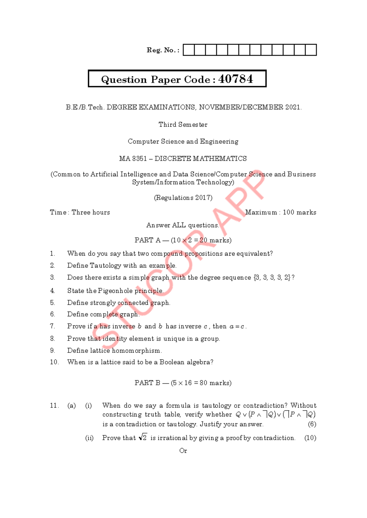 Question Papers DM - MA8351 Discrete Mathematics November 2021 - Studocu