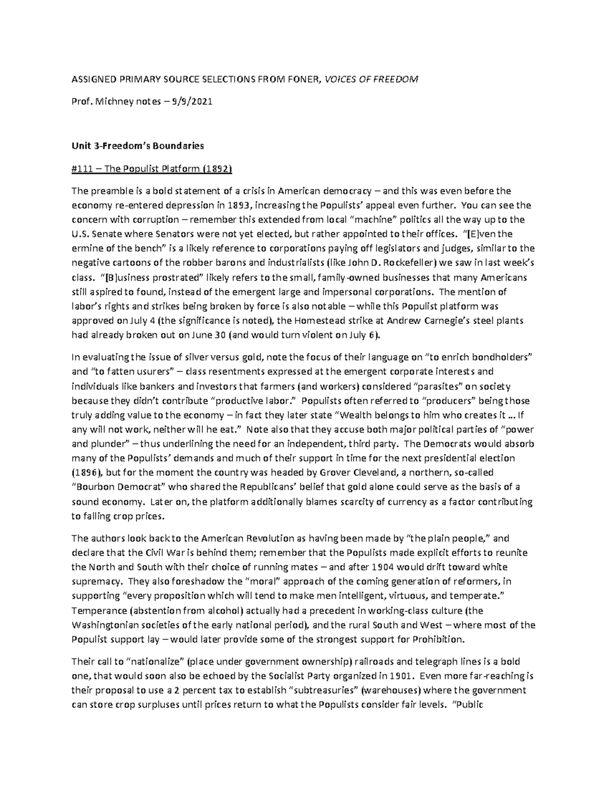 Foner Voices of Freedom Notes by Prof. Michney: #111, #114, #117 - Studocu