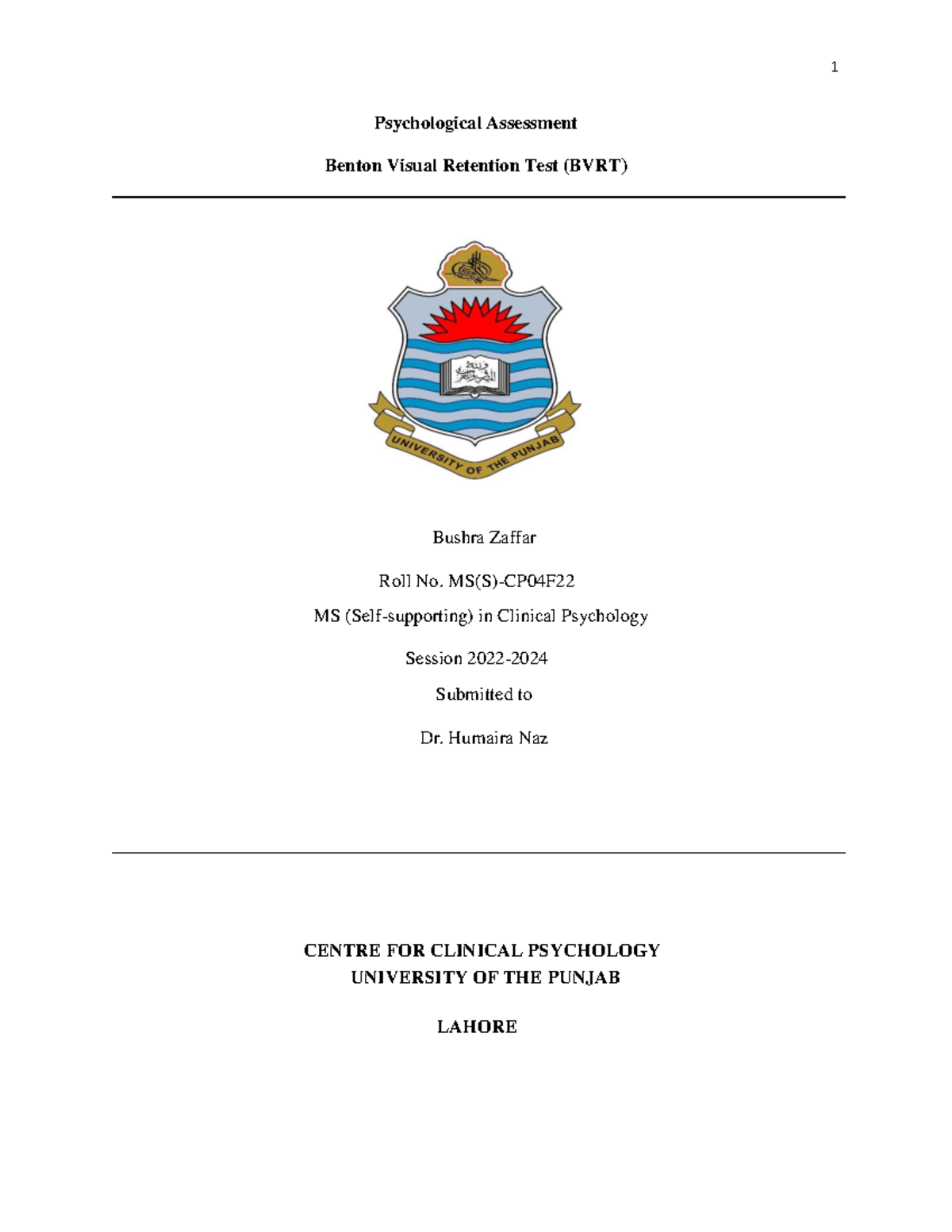 BVRT Final Exam Report - Case Study Analysis of Psychological ...