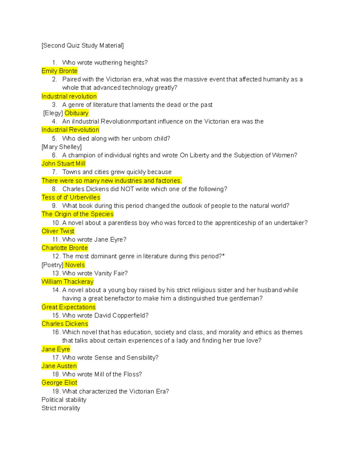 SC - Notes - [Second Quiz Study Material] 1. Who wrote wuthering ...