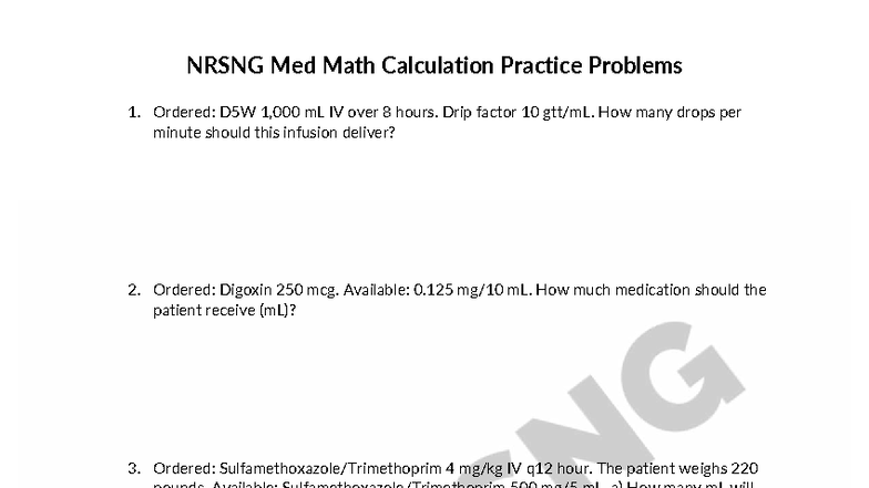 NRSNG Med Math Calculation Practice Problems 2 (Cs-pharm-036) - Studocu