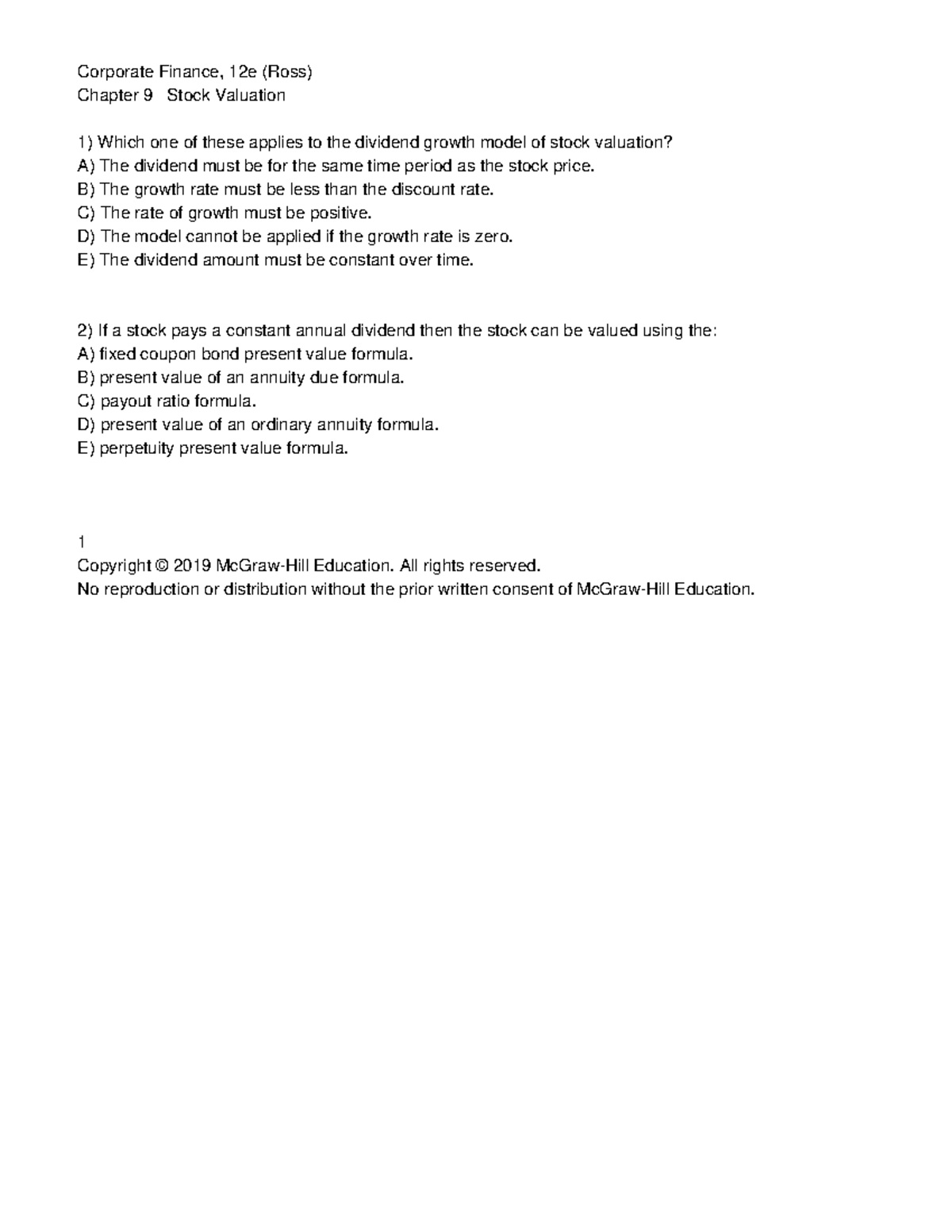 Corporate Finance, 12e (Ross) Final Exam Review: Chapter 9 Stock ...