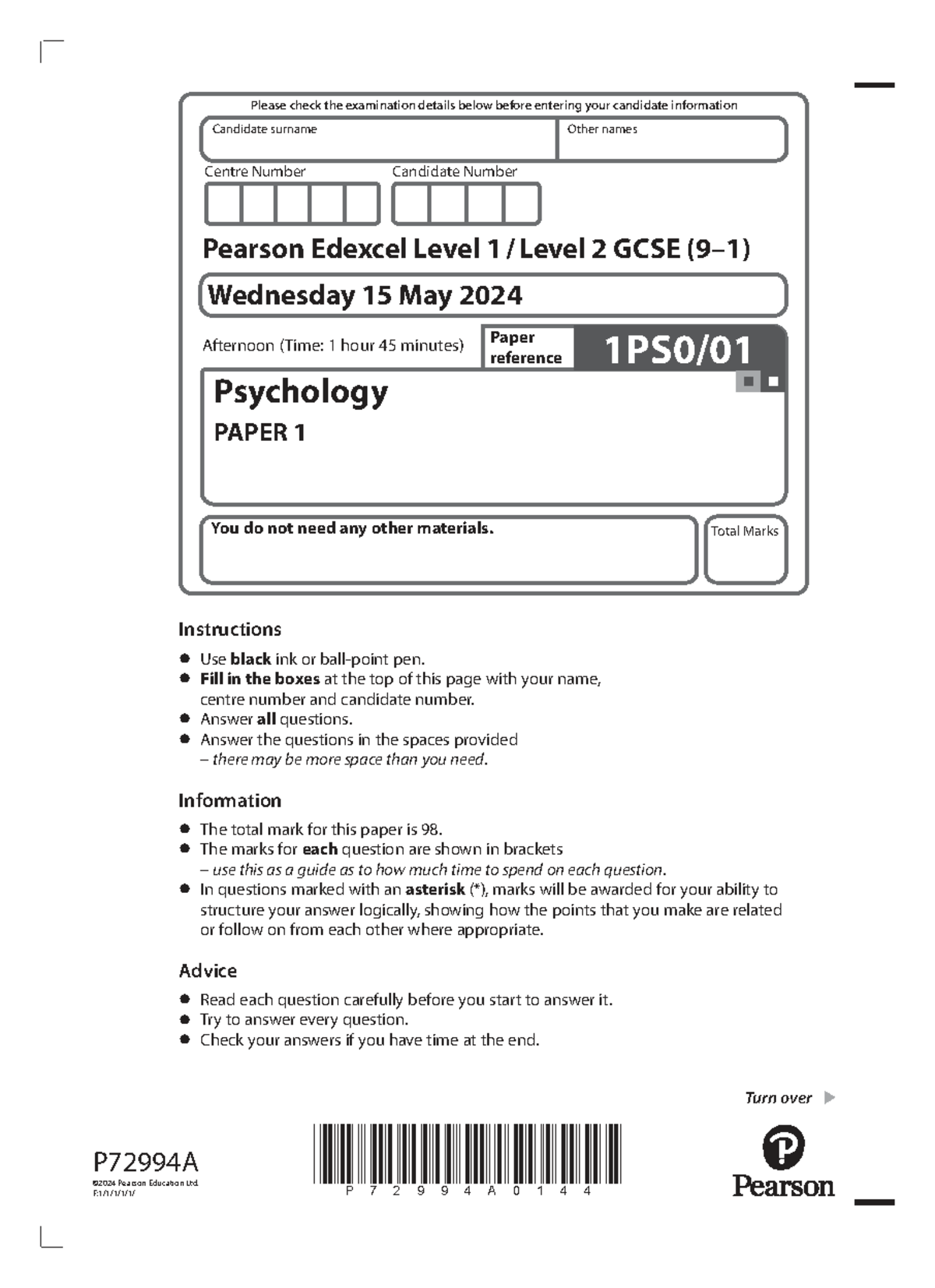 1PS0 01 Psychology Paper 1 Exam - May 15, 2024 - Studocu