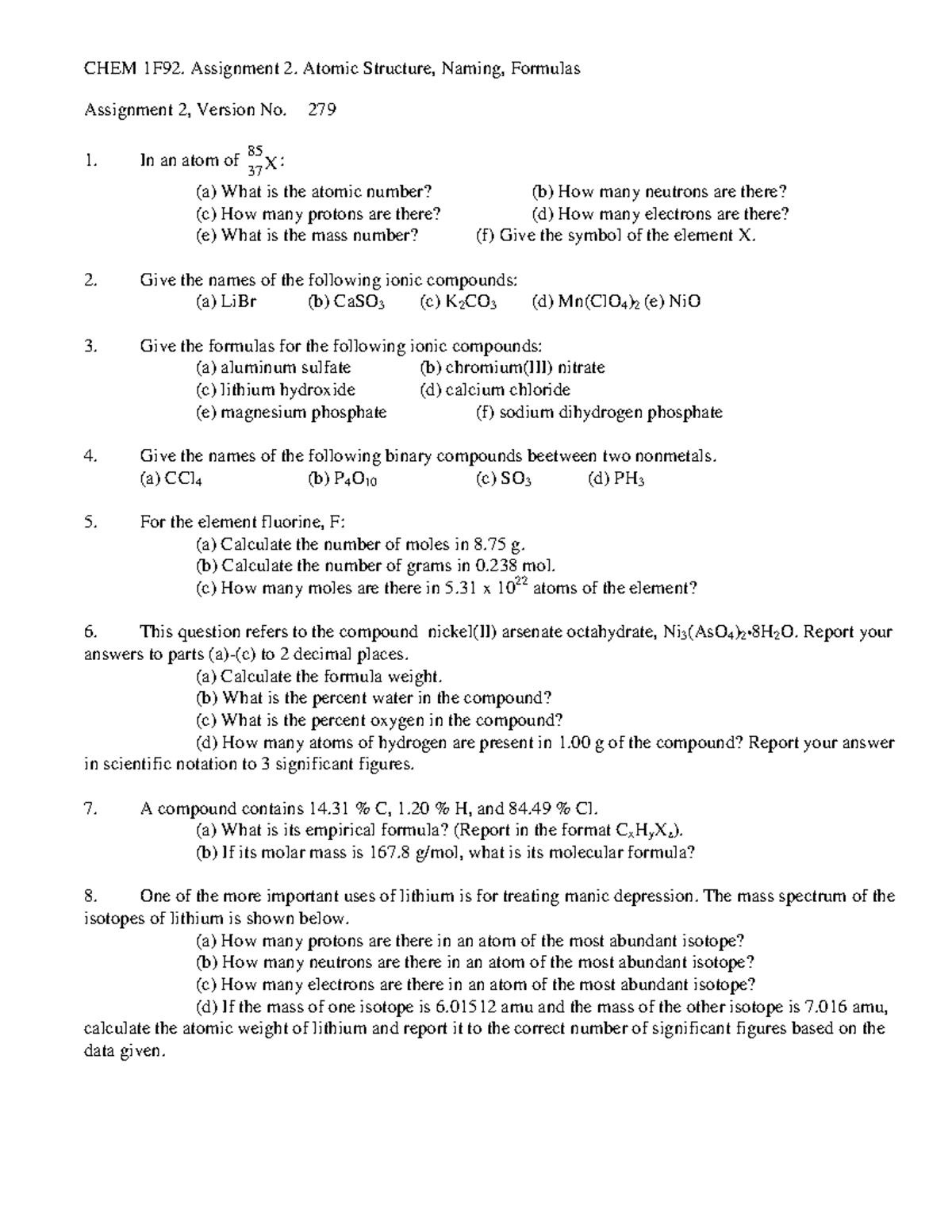 CHEM 1F92. Assignment 2: Atomic Structure & Ionic Compounds - Studocu