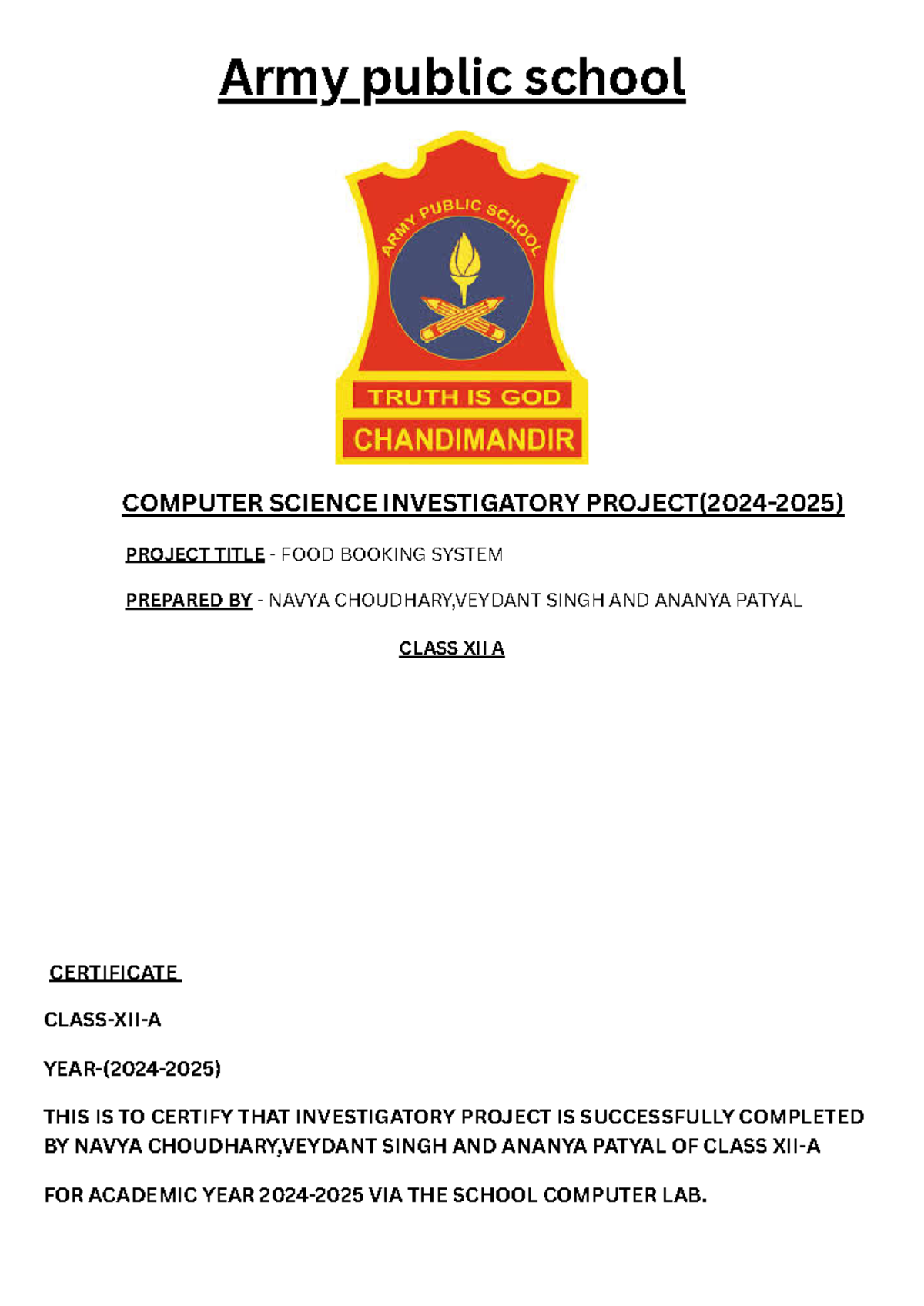 Army public school - Basic group project on food booking system with ...