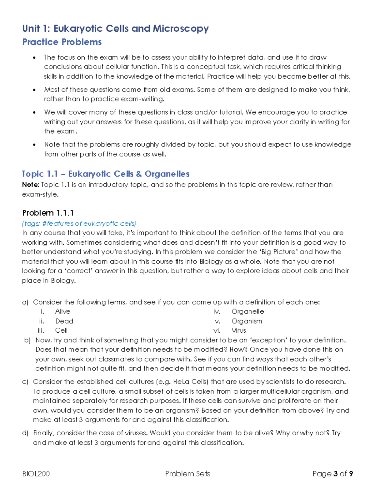 Unit 1: Eukaryotic cells and microscopy problem set (BIOL200) - Studocu