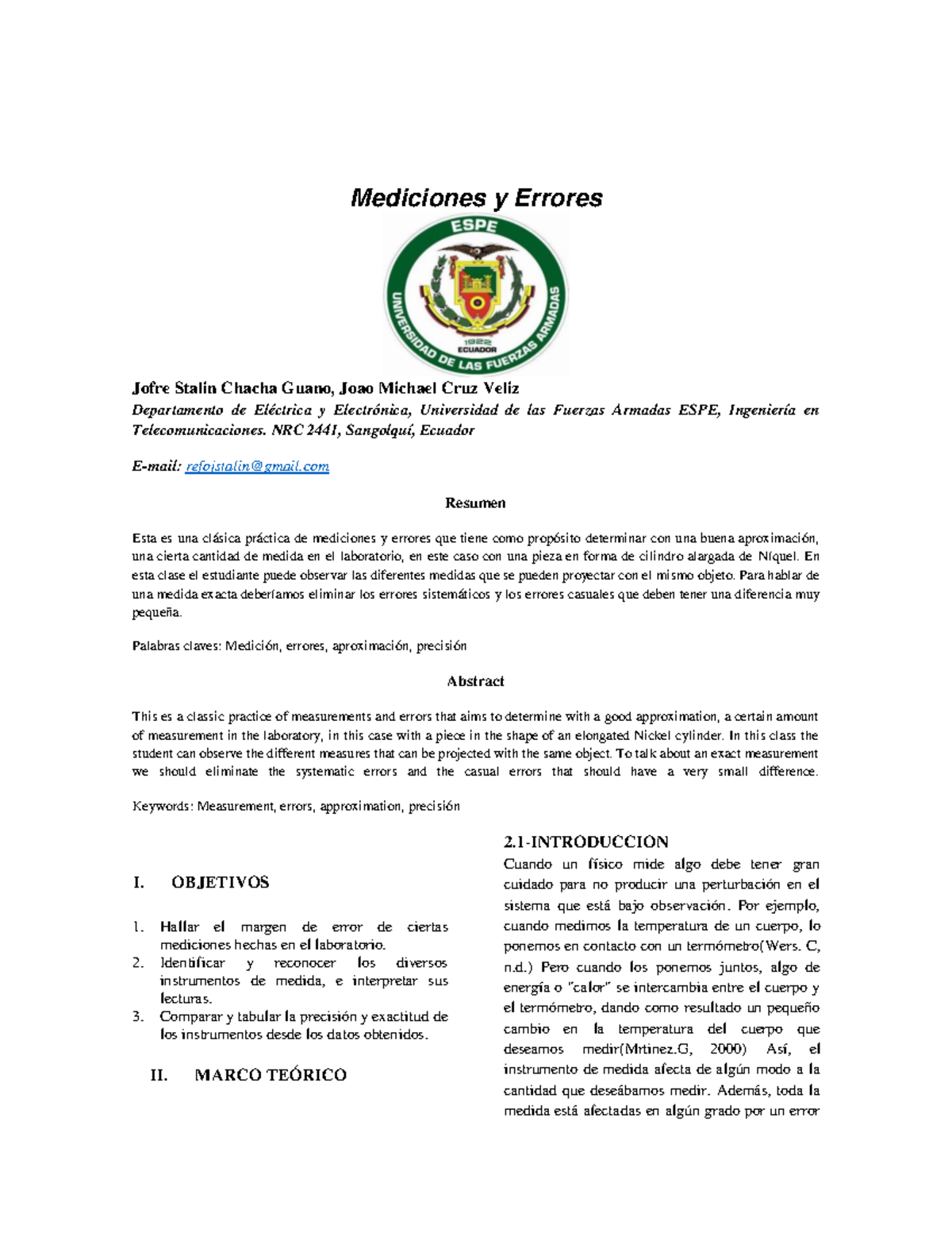 Lab 1 Fisica Clasica - Mediciones y Errores Jofre Stalin Chacha Guano ...