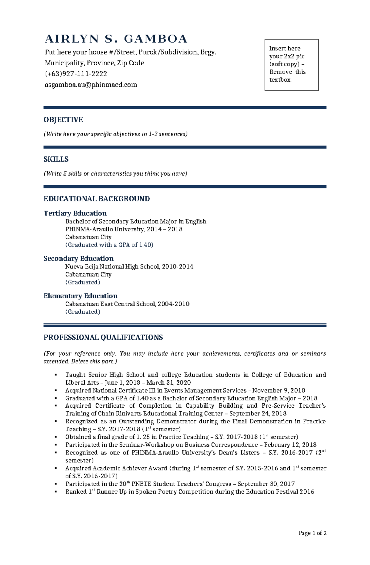 Resume Template - Bachelor of Secondary Education English Major - Studocu