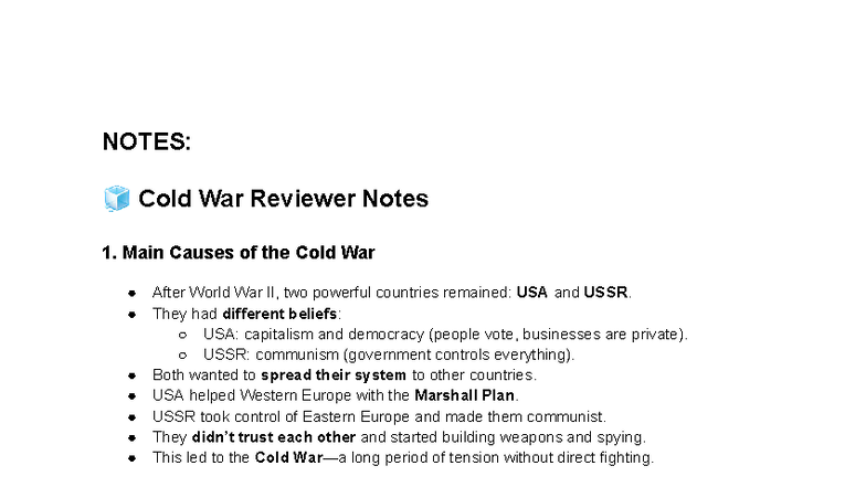 Cold War Notes: Main Causes, Wars, and USSR Collapse - Studocu