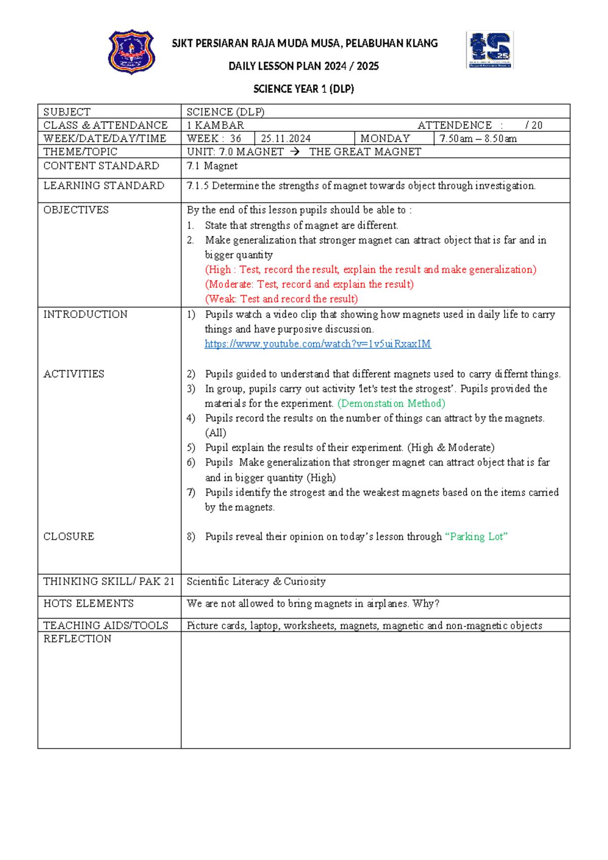 RPH Science DLP Y1 12 - Lesson Plan on Magnet Strengths - Studocu
