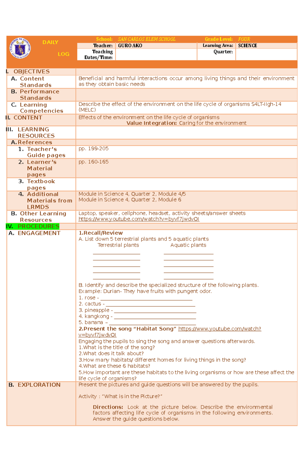 Science 4 - Daily Lesson Log on Environmental Effects on Life Cycles ...