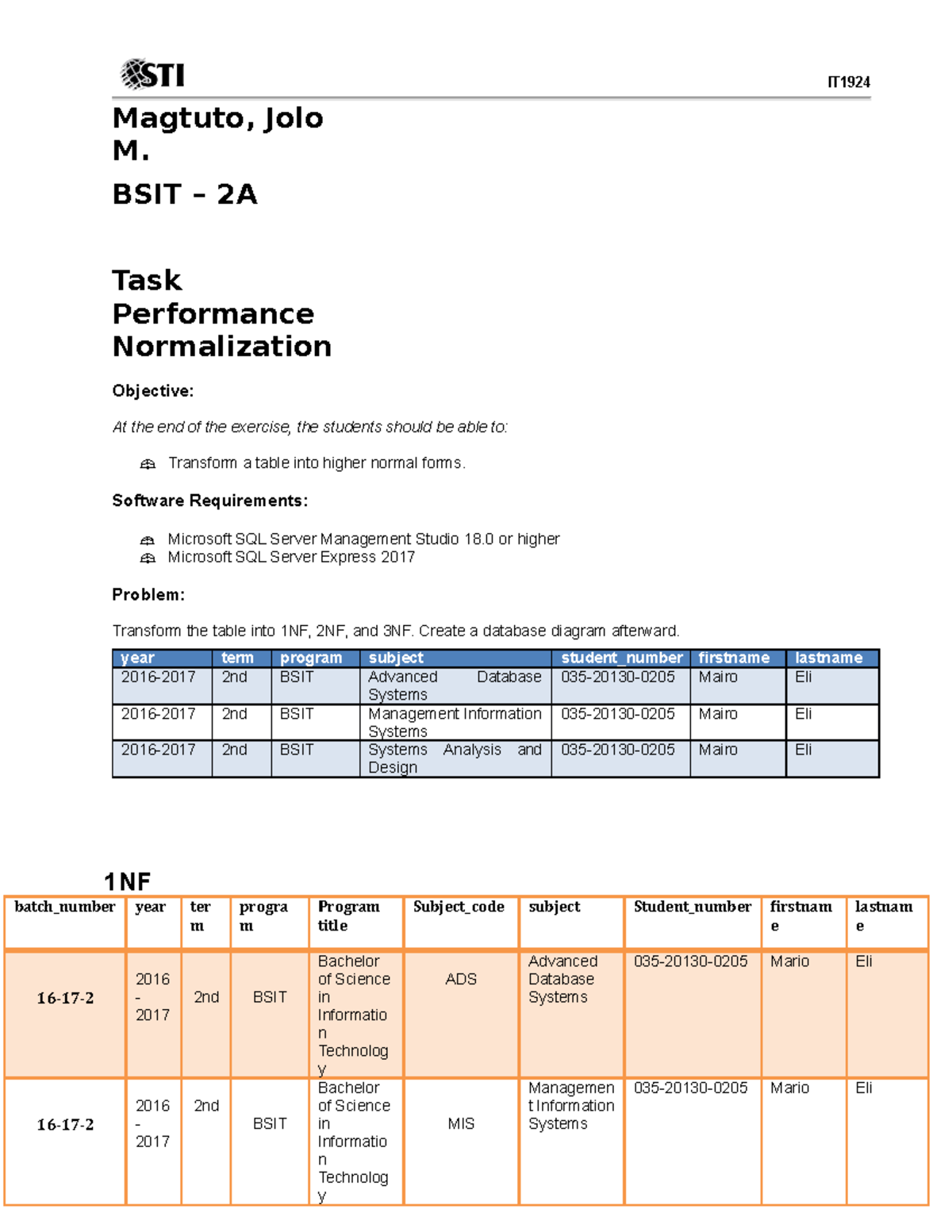 IT 05 Task Performance 1: Database Normalization Exercise - Studocu