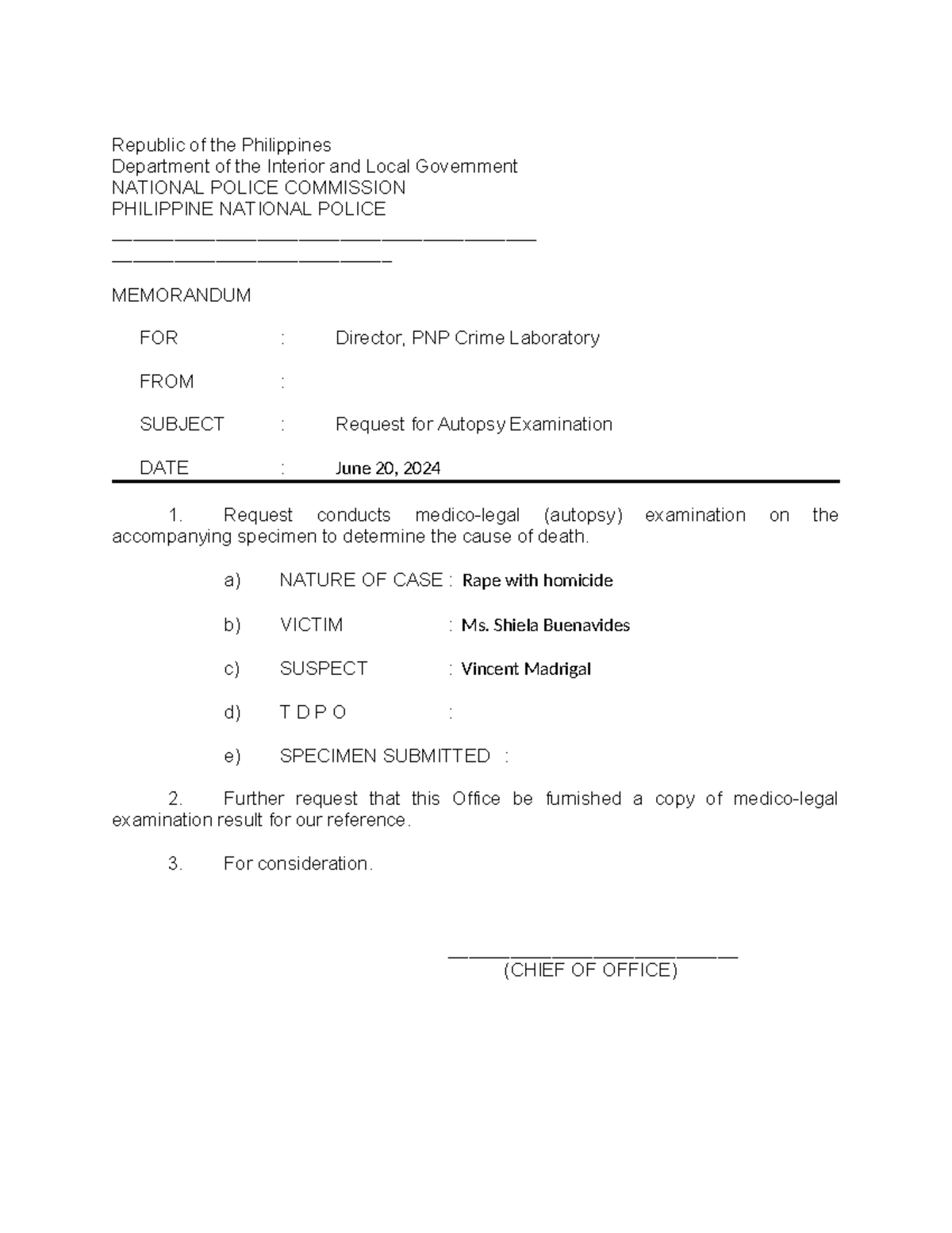 Sample request Format of Medico Legal Examination - Republic of the ...