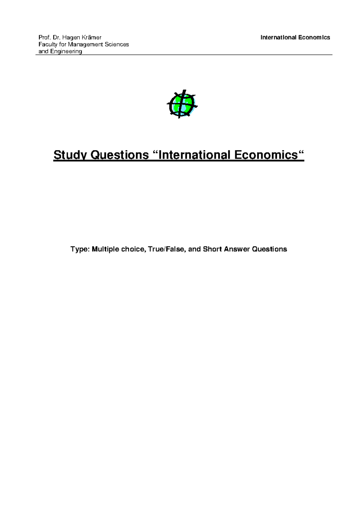 International Economics Study Questions (IE 101): MCQs & Short Answers ...
