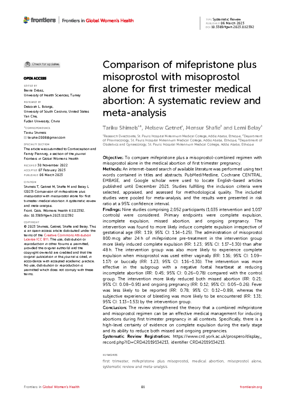 Comparison of Mifepristone Plus Misoprostol vs. Misoprostol Alone for ...