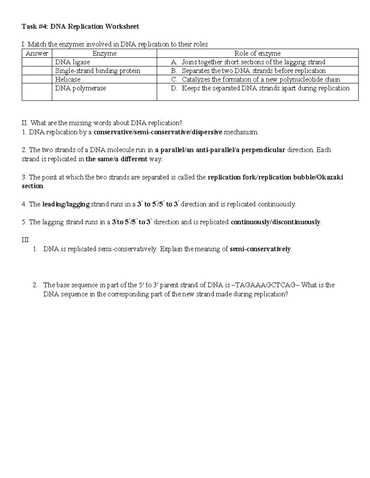 Task 4 DNA Replication Worksheet: Enzymes and Their Roles - Studocu