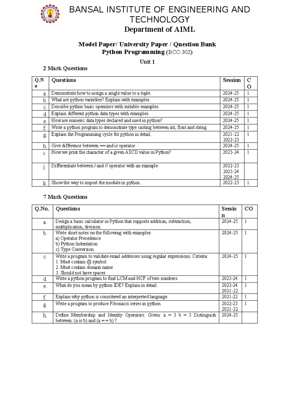 Model Paper Unit 2 - Python Programming Questions (AIML) - Studocu
