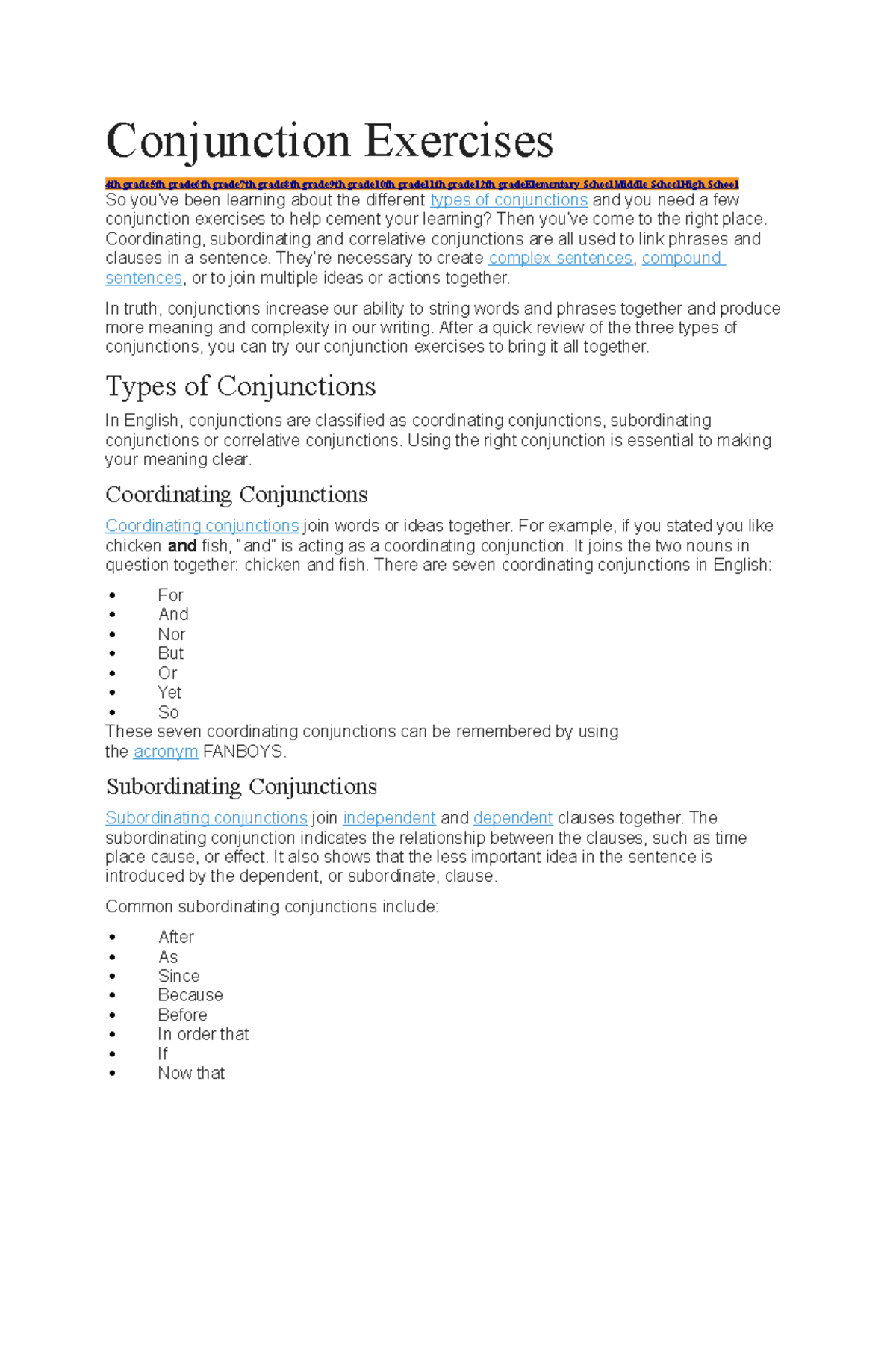 Conjunction Exercises - Coordinating, subordinating and correlative ...