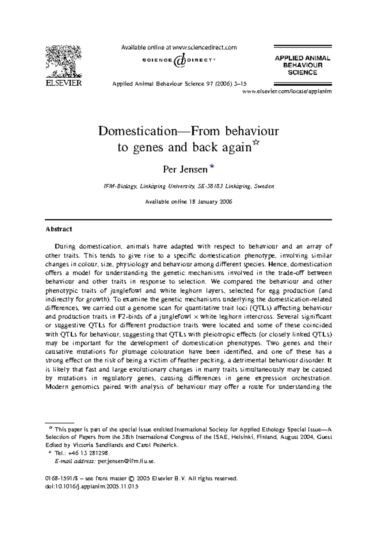 Applied Animal Behaviour Science 97: Genes and Behaviour in ...