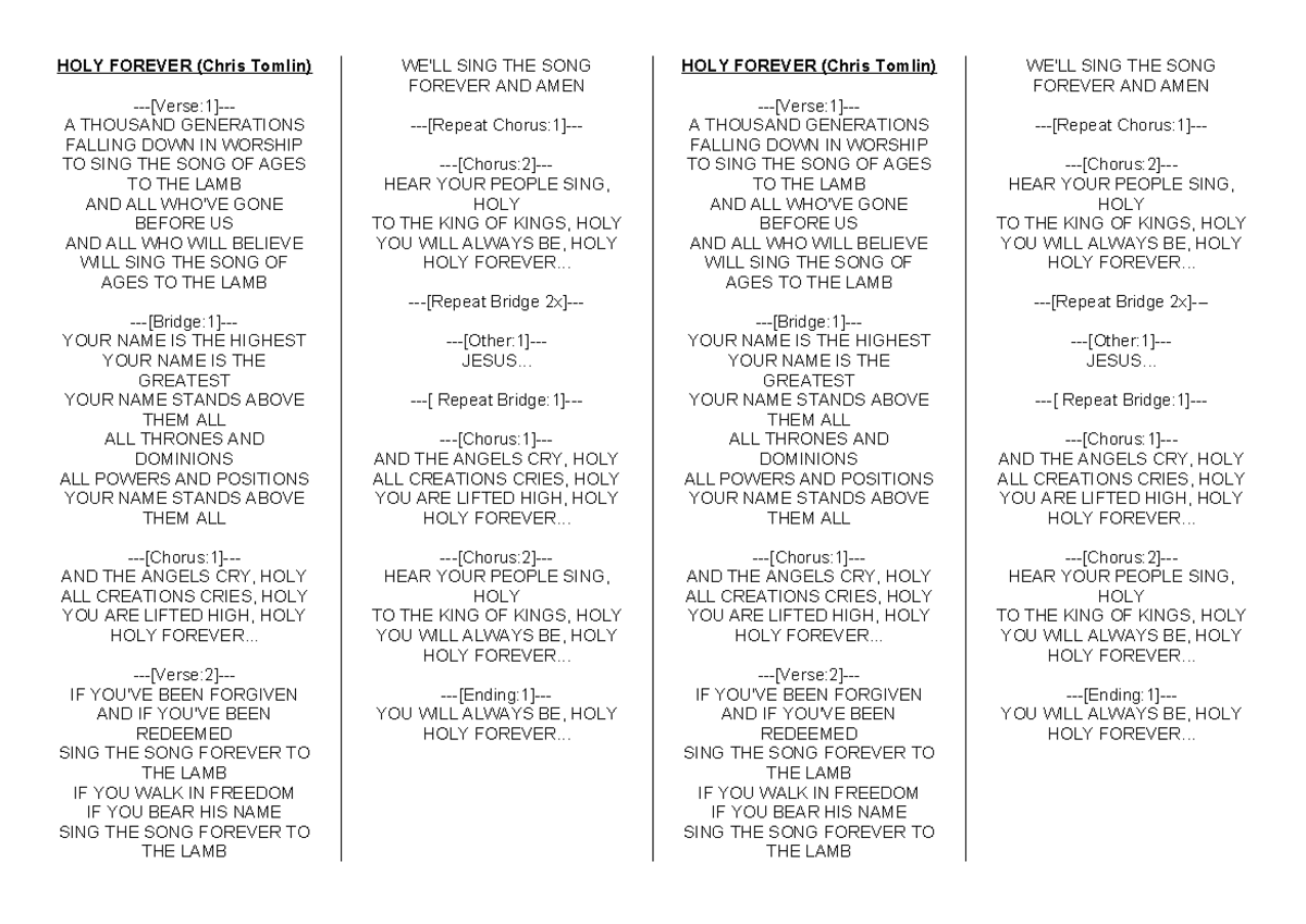 HOLY FOREVER - LYRICS ANALYSIS AND REFLECTION - Studocu