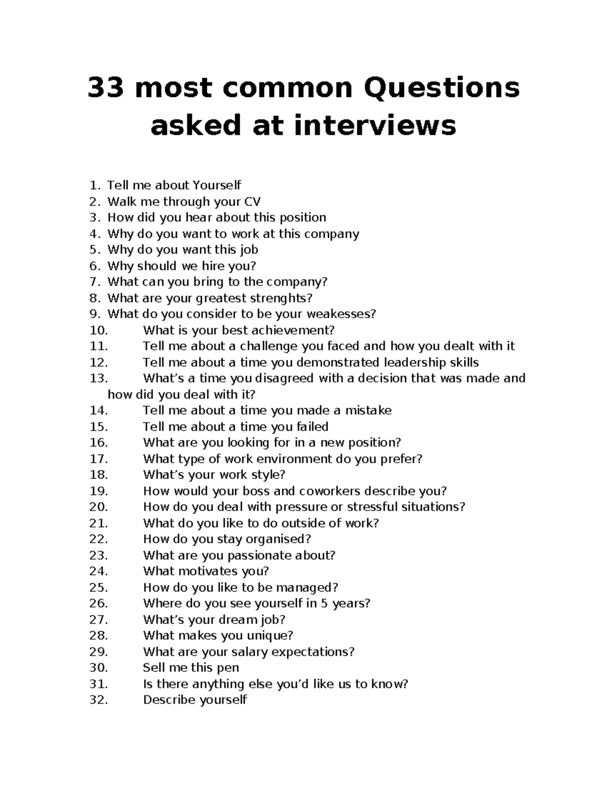 33 Common Job Interview Questions for Success - Studocu