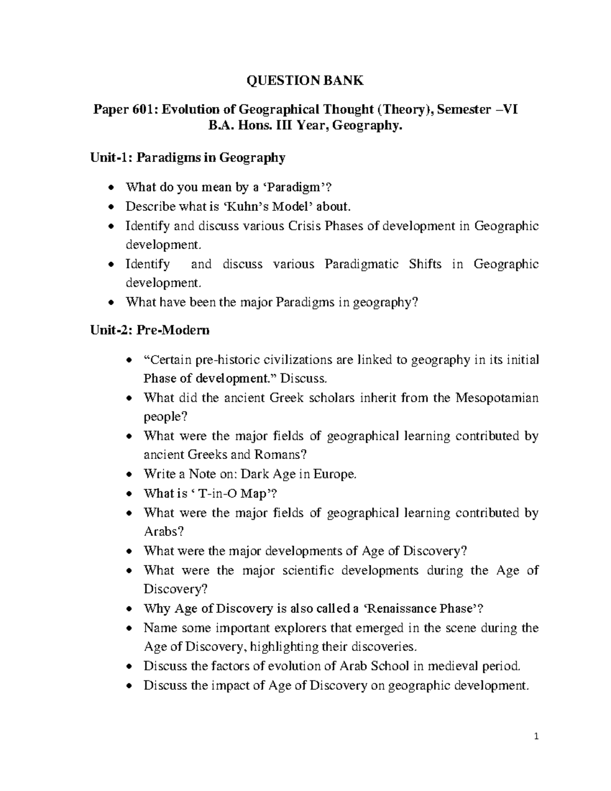 Question Bank: Evolution of Geographical Thought (Paper 601) - Studocu