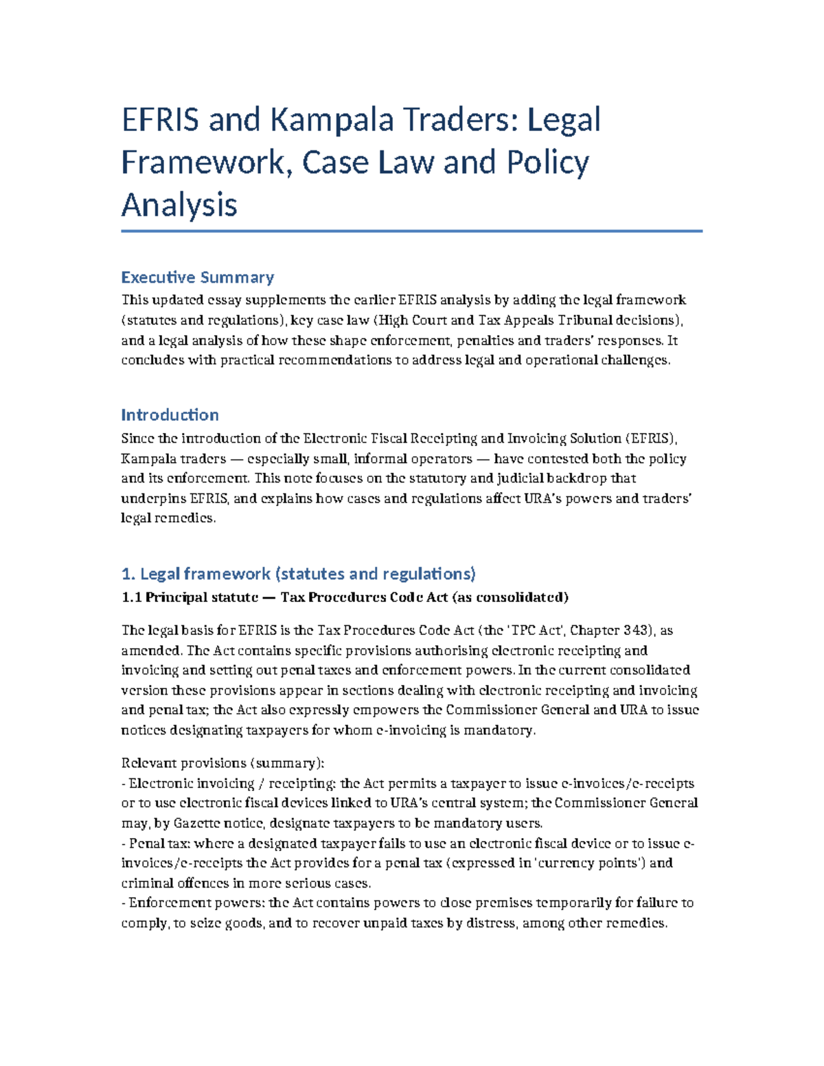 EFRIS and Kampala Traders: Legal Framework & Case Law Analysis - Studocu