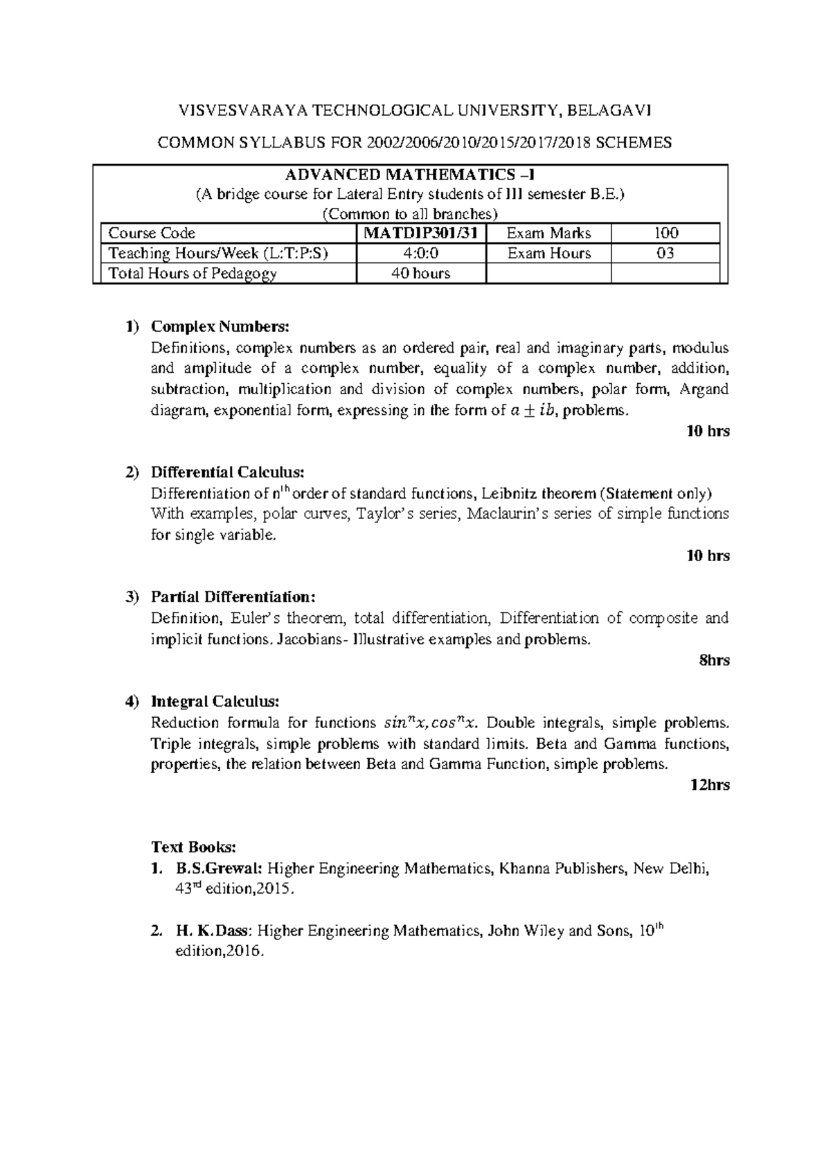 VTU B.E. Advanced Mathematics Syllabus (Bridge Course) - Studocu