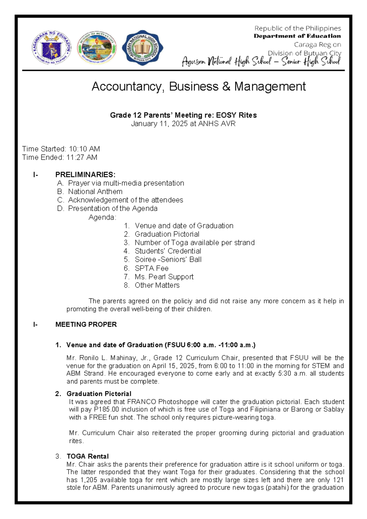 GPTA EOSY Rites - Grade 12 Parents’ Meeting re: EOSY Rites January 11 ...