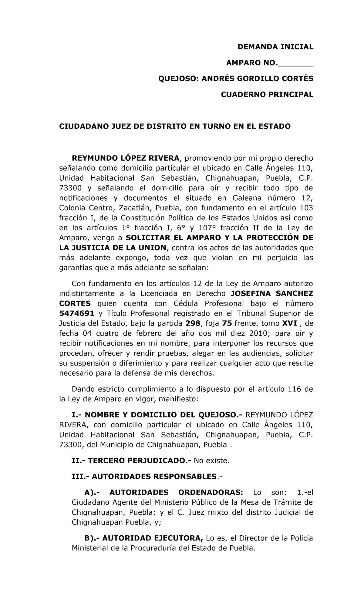 Amparo Laboral - Demanda Inicial de Andrés Gordillo Cortés - Studocu