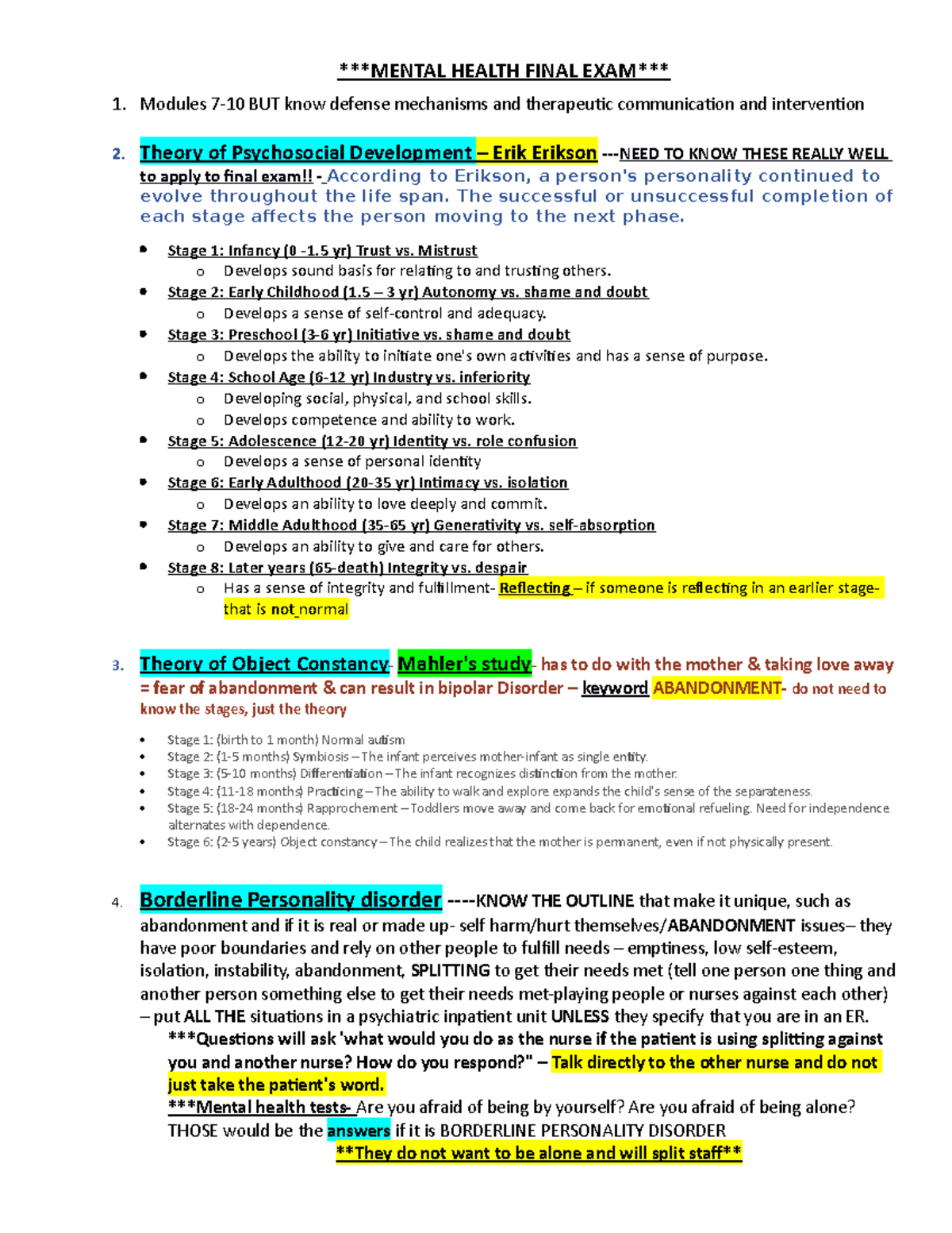 Mental Health MENT 101 Final Exam Study Guide: Key Concepts & Theories ...
