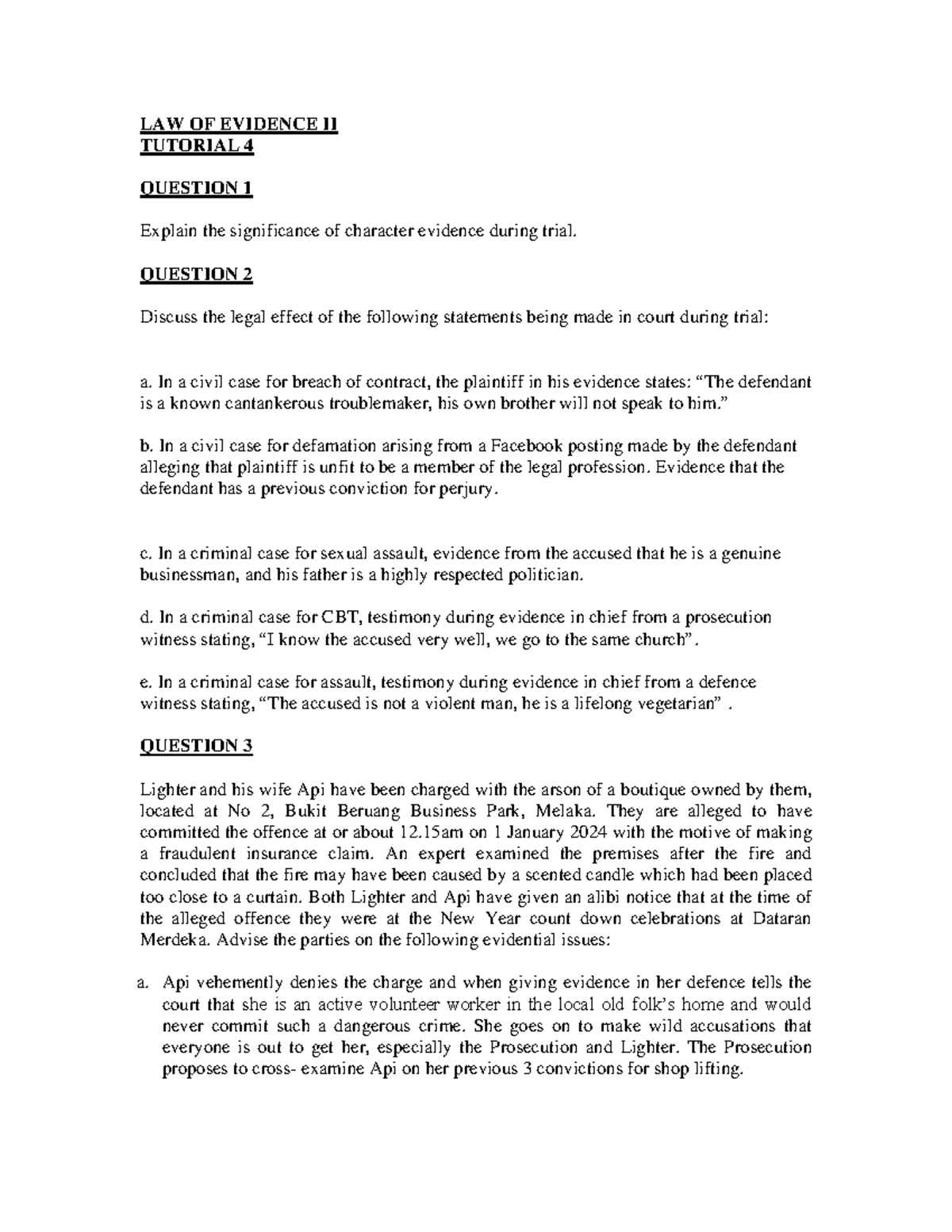 LAW OF EVIDENCE II TUTORIAL 4: Character Evidence & Legal Implications ...