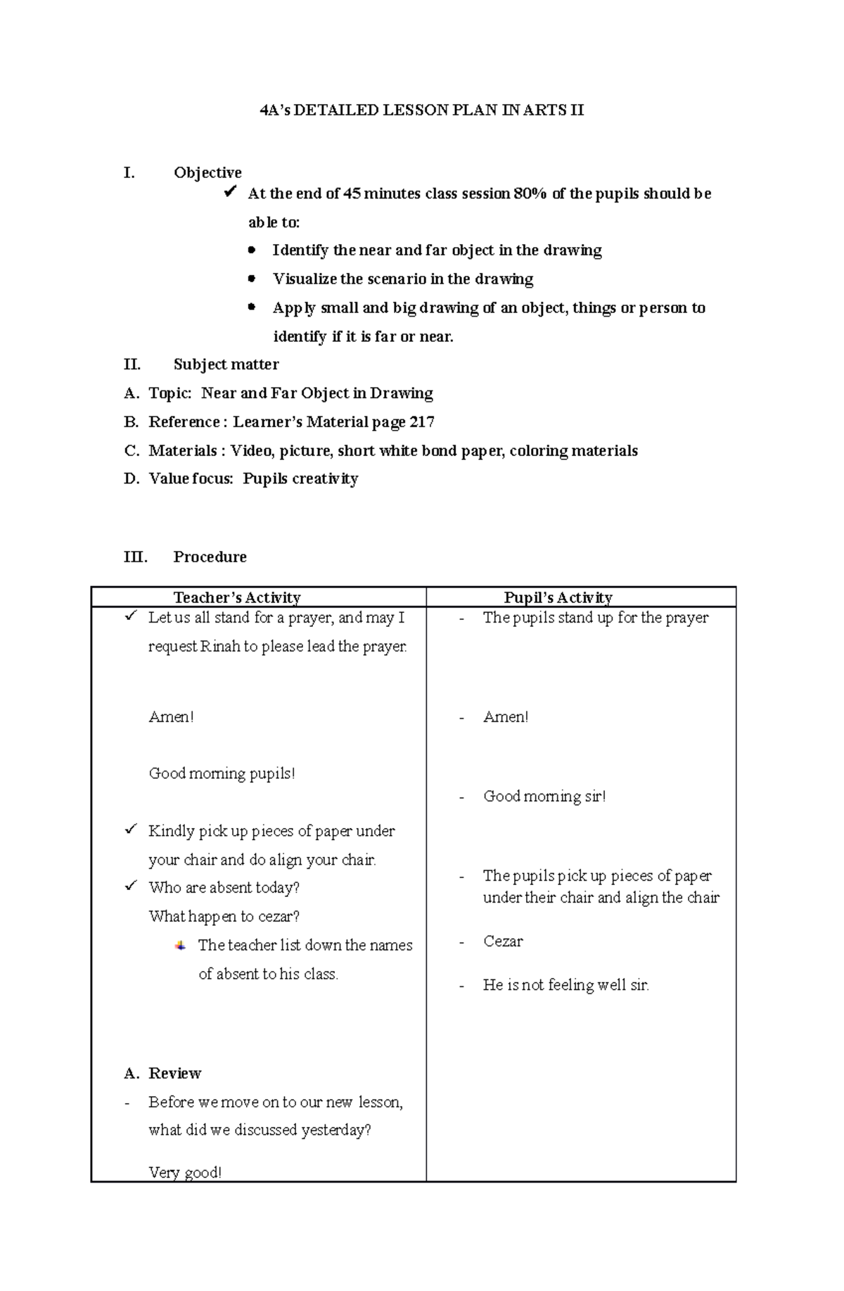 4A's Detailed Lesson PLAN IN ART II - 4A’s DETAILED LESSON PLAN IN ARTS ...