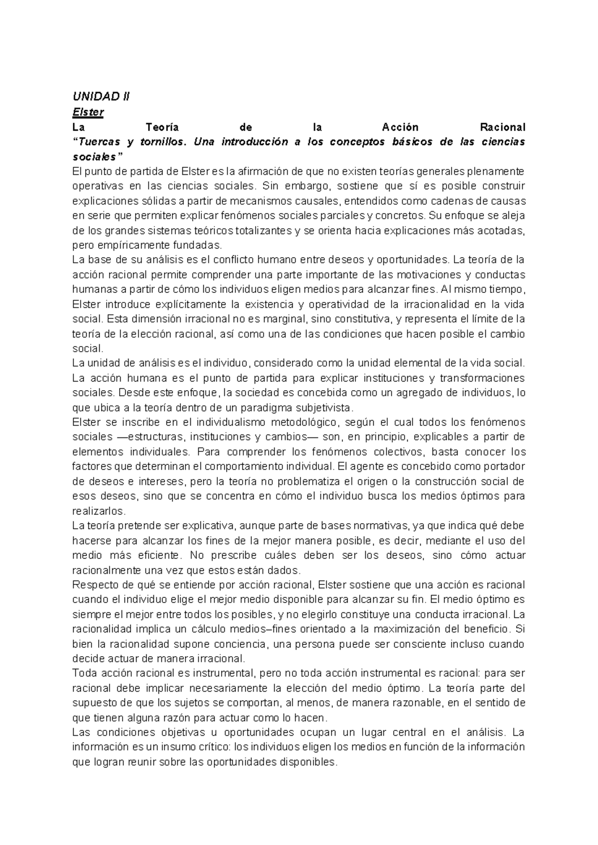 UNIDAD II - La Teoría de la Acción Racional según Elster - Studocu