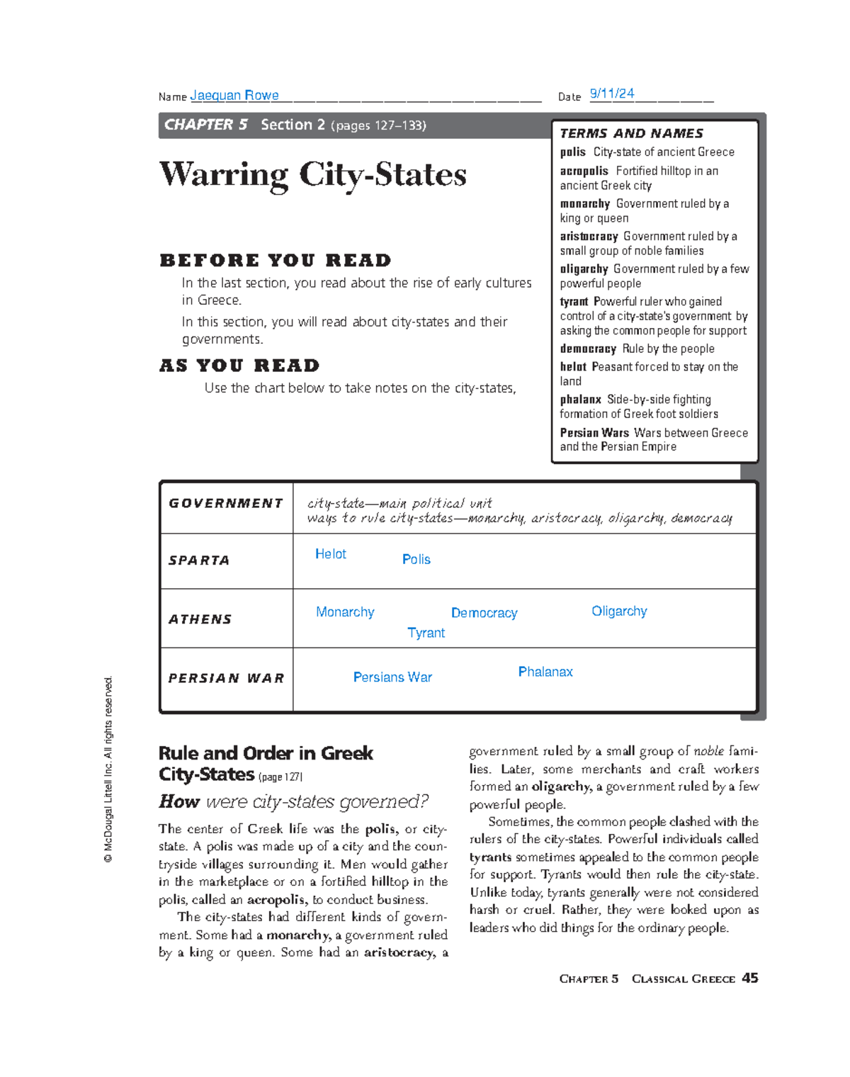 Warring City-States: Governance in Classical Greece (CH 5 Guided ...
