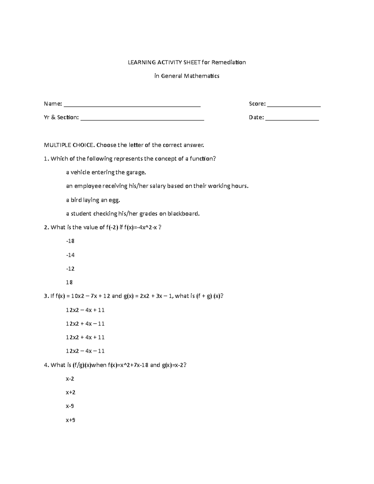 LAS Remedial - General Mathematics Learning Activity Sheet - Studocu