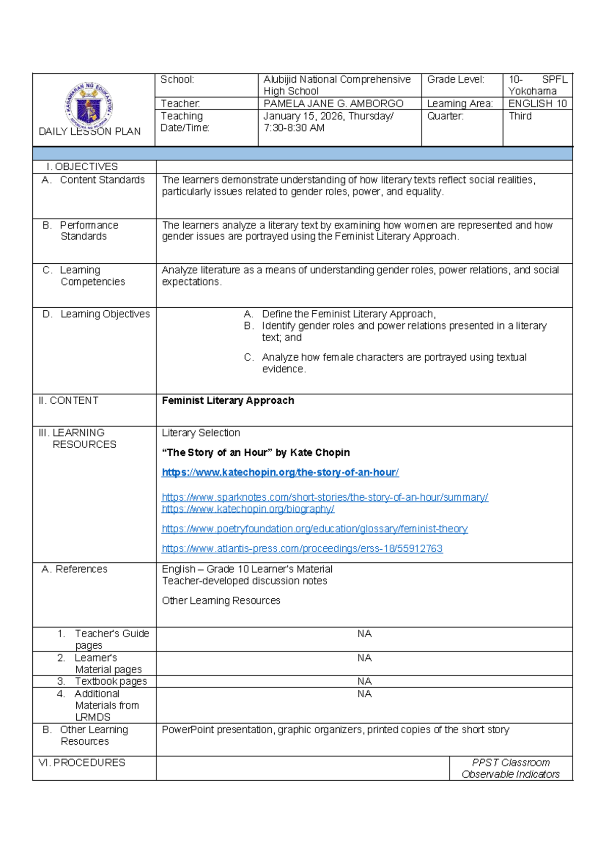 ENGLISH 10: Daily Lesson Plan on Feminist Literary Approach - Studocu