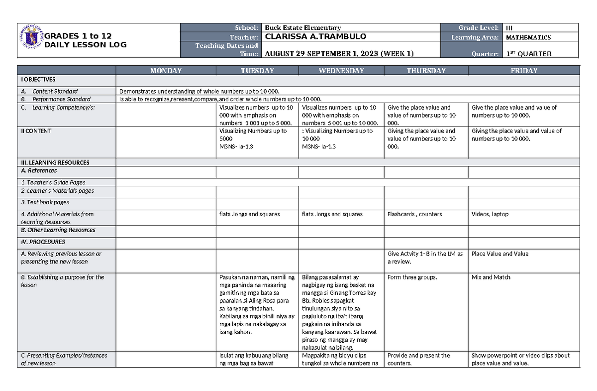 DLL MATH-3 Q1 W1 - DLL MATH-3 Q1 W1 - GRADES 1 to 12 DAILY LESSON LOG ...