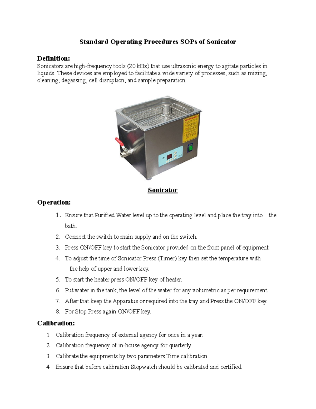 Standard Operating Procedures (SOPs) for Sonicator Equipment - Studocu