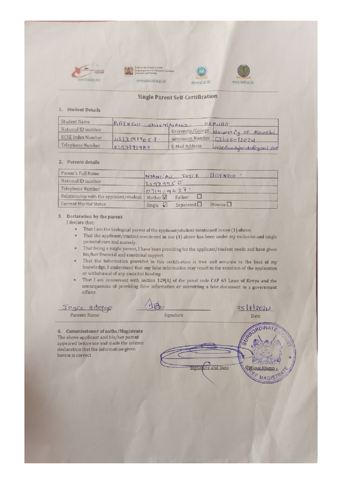 1724502455105 - Single Parent Declaration Form for University Admission ...