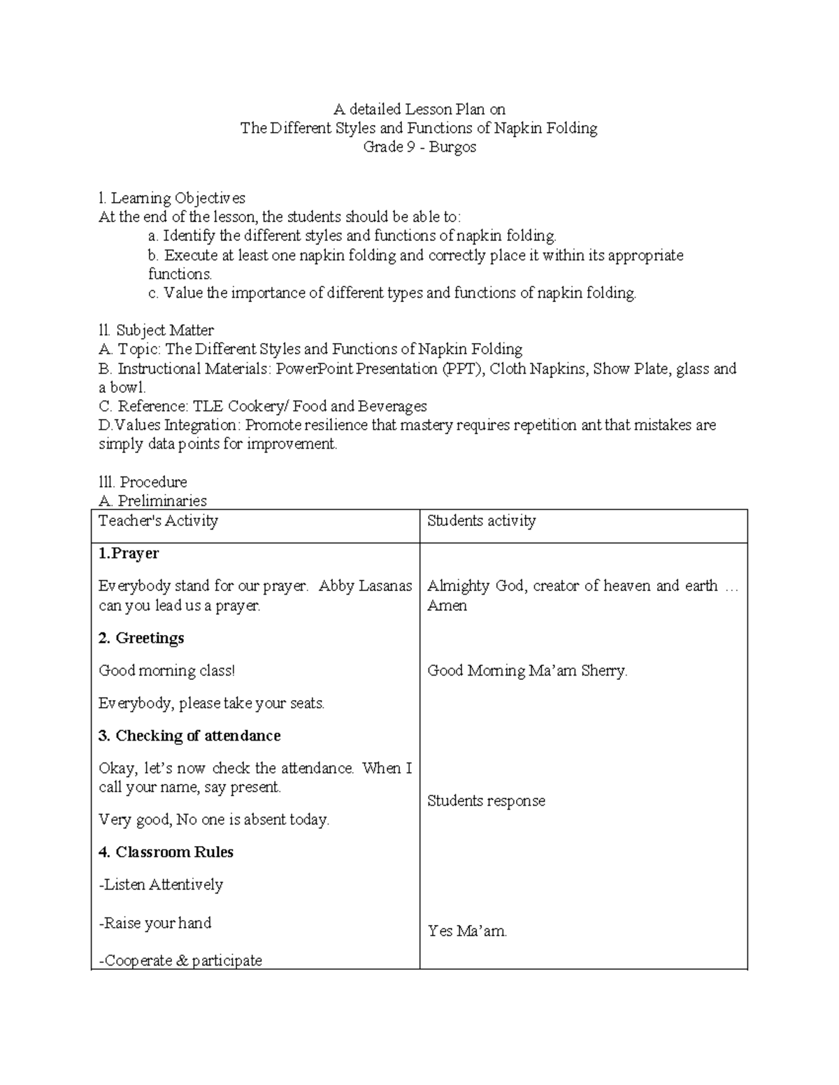Grade 9 TLE Lesson Plan: Napkin Folding Styles & Functions - Studocu